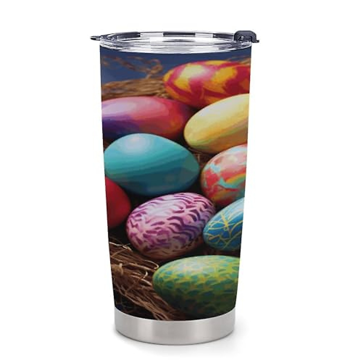 FHENMSA Reusable Plastic Water Cups with Lids,Easter Day Colorful Eggs Print Anti-overflow Cup,sports Travel Coffee Cup