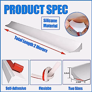 Water Barrier for Sink,Shower Threshold Water Dam Barrier,Waterproof Barrier Bathroom,Collapsible Silicone Strip Trim Splash Guard (White-2M)