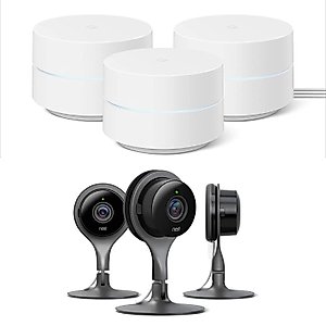 Google Wi-Fi Mesh Network System Router AC1200 Point (3-Pack) Bundle with Nest Indoor Security Camera, 3-Pack
