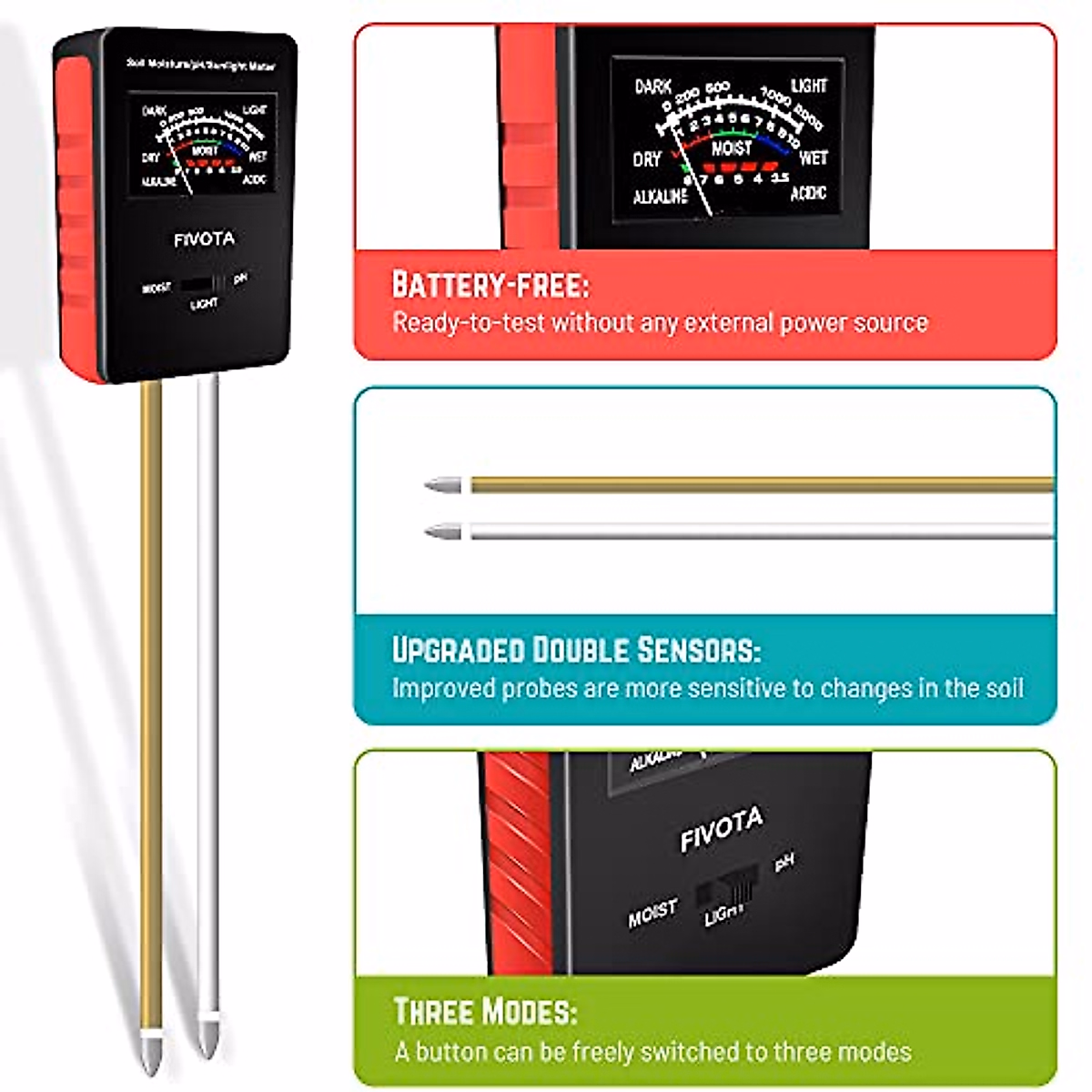 Fivota Soil pH Meter, FV03 Upgraded Large Screen Soil Moisture/Sunlight/pH Tester Backyard Soil Test kit, Reliable Gardening Soil Tool for Garden, Farm, Lawn Indoor & Outdoor Use