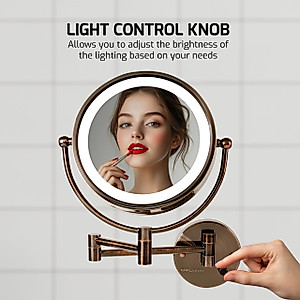 OVENTE 9" Lighted Wall Mount Makeup Mirror with 1X/7X Magnification, Double Sided Magnifying Bathroom Mirror, LED Glow Light, 360° Swivel Design, Extendable Folding Arm, Antique Brass MPWD3185AB1X7X