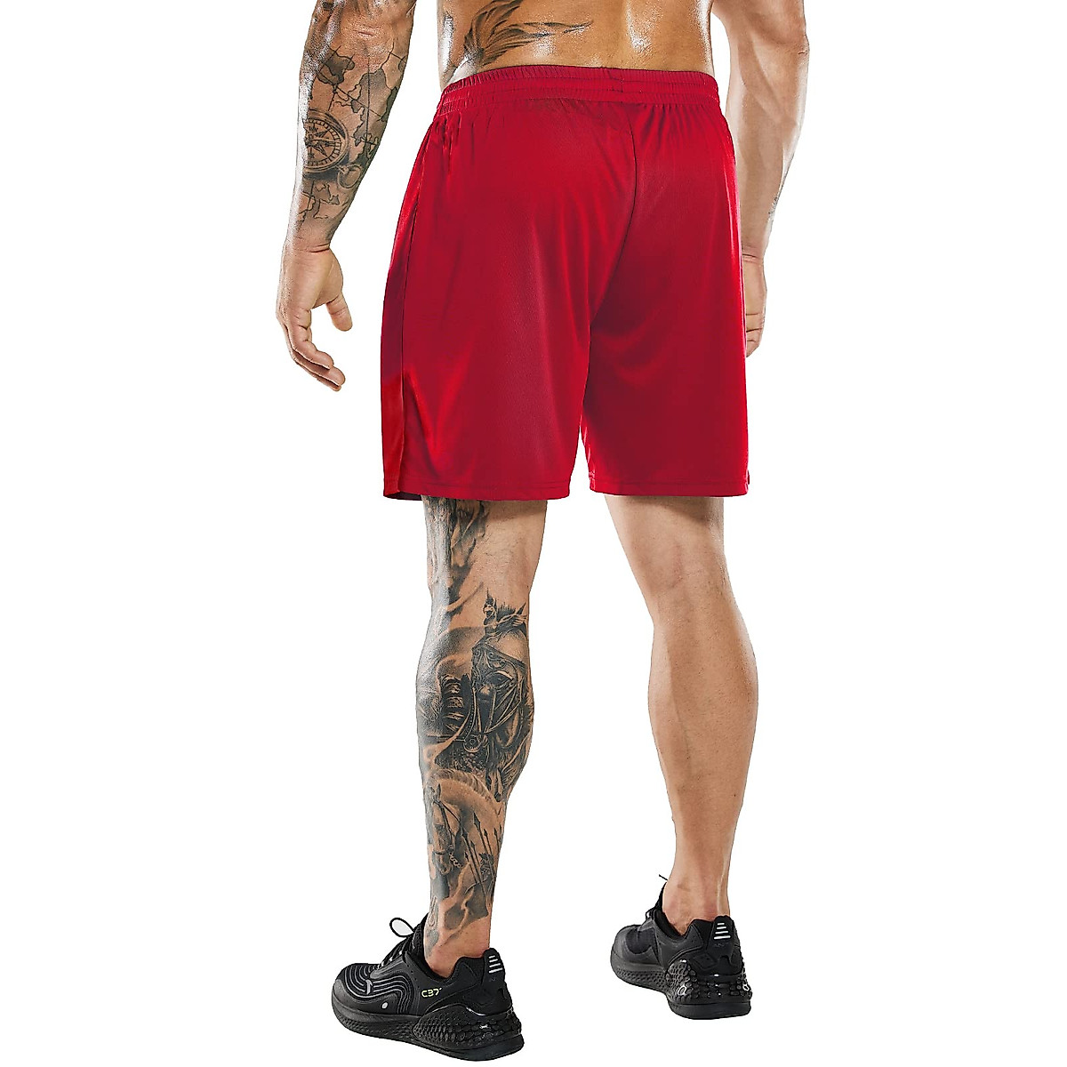 MIER Men's Quick-Dry Athletic/Soccer/Basketball Shorts Without Pockets No Liner Running Workout Training Active Shorts, Black/Red, L