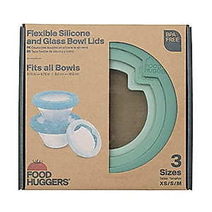 Food Huggers Replacement Lids for Glass Storage Containers | Silicone & Glass Lids that Don’t Crack | Fits Round Container Brands & Bowls | 100% Plastic Free | 3 Lid Set (XS,S,M), Gradual Green