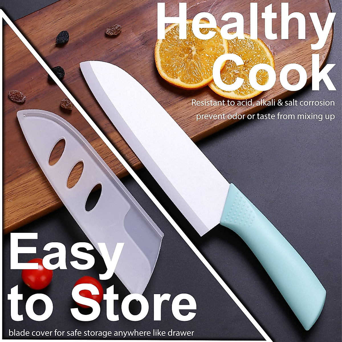 Rynal Ceramic Knife Santoku Knife Meats Fruits Vegetables Knife - Sharp Ceramic Kitchen Knife with Sheath Cover - 7 Inch Aqua