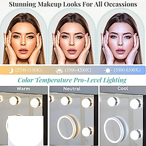 LUXFURNI Vanity Mirror with Makeup Lights, Large Hollywood Light up Mirrors w/ 18 LED Bulbs for Bedroom Tabletop & Wall Mounted (26Lx21W, Black)