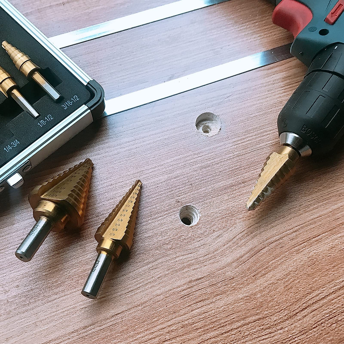 Yougfin Step Drill Bit Set-5 Pcs HSS Titanium Coated Step Drill Bits with Extra Automotive Center Punch-50 Sizes High Speed Steel Step Bits for Metal with Aluminum Case