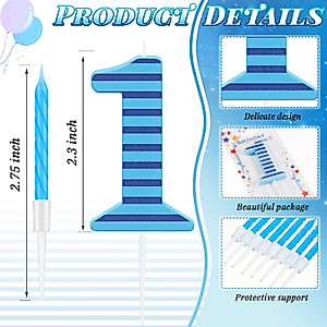 MTLEE Number 1 Birthday Candle Blue Stripes Number Candles First Birthday Candle with 10 Pcs Long Thin Spiral Cupcake Candles in Holders Birthday Number Cake Topper for Birthday Baby Shower Decoration
