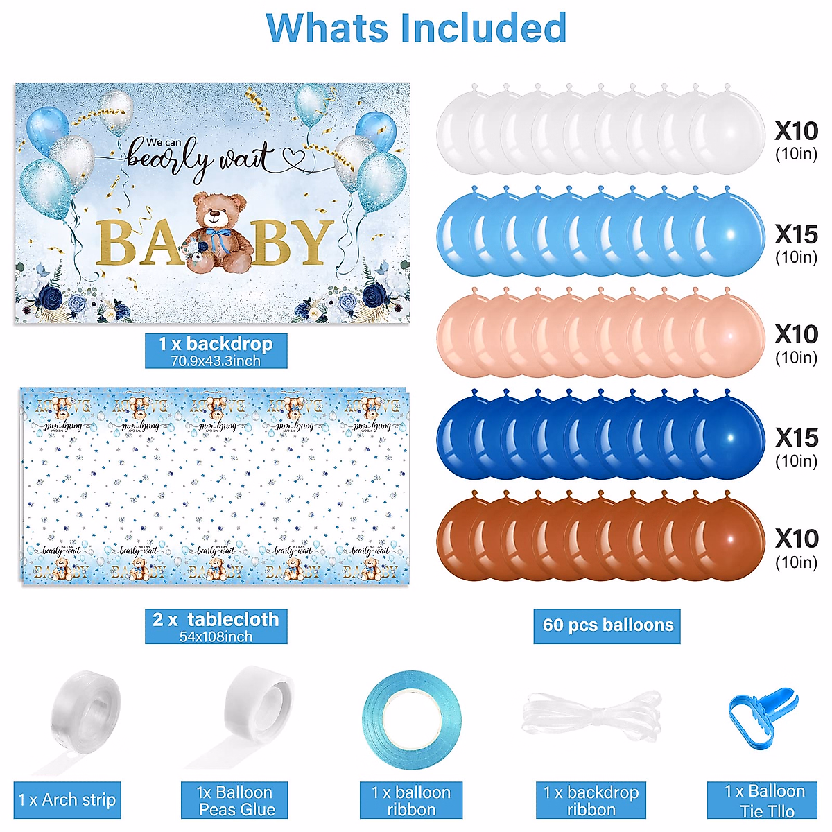 67 Pieces Bear Baby Shower Decorations Bearly Wait Bear Baby Shower Tablecloth Backdrop and Blue Brown Balloons Decorations for Kid Boy Girl Gender Reveal Birthday Party Supplies