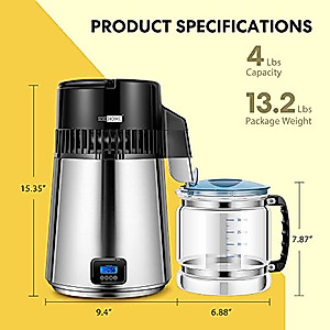 VIVOHOME Digital Control 4L 750W 304 Stainless Steel Water Distiller Countertop with LCD Screen Distilled Water Machine for Home Office