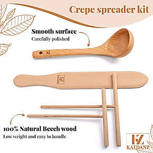 Crepe Spreader Spatula and Ladle Kit - Large and Medium Beachwood Versatile Pancake Tool 3 Recipes Included - Convenient Size for Nonstick Disc Pan Crepe Maker - Lightweight Wooden Flipper - Great Set