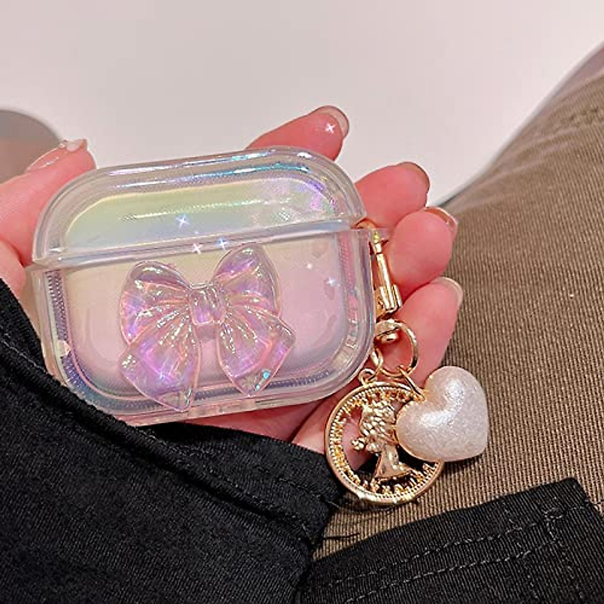 Ownest Compatible with AirPods Case Cute Clear Gradual Laser Bow Pattern Girls Woman Soft Silicone Shockproof Love Heart Keychain Design Cover for AirPods Pro-Transparent