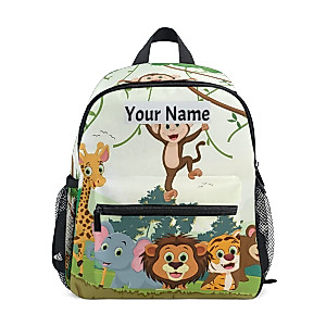 Glaphy Custom Kid's Name Backpack, Cartoon Monkey Lion Tiger Elephant Toddler Backpack for Daycare Travel, Personalized Name Preschool Bookbags for Boys Girls