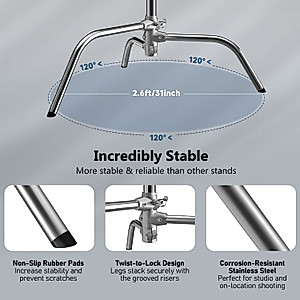 Photography C Stand with Boom Arm: 100% Stainless Steel - Takerers BS11 Heavy Duty Max Height 10.5ft/131inch Light Stands (2 Pack) with 4.2ft/50inch Holding Arm, 2 Grip Head, 2 Sandbag