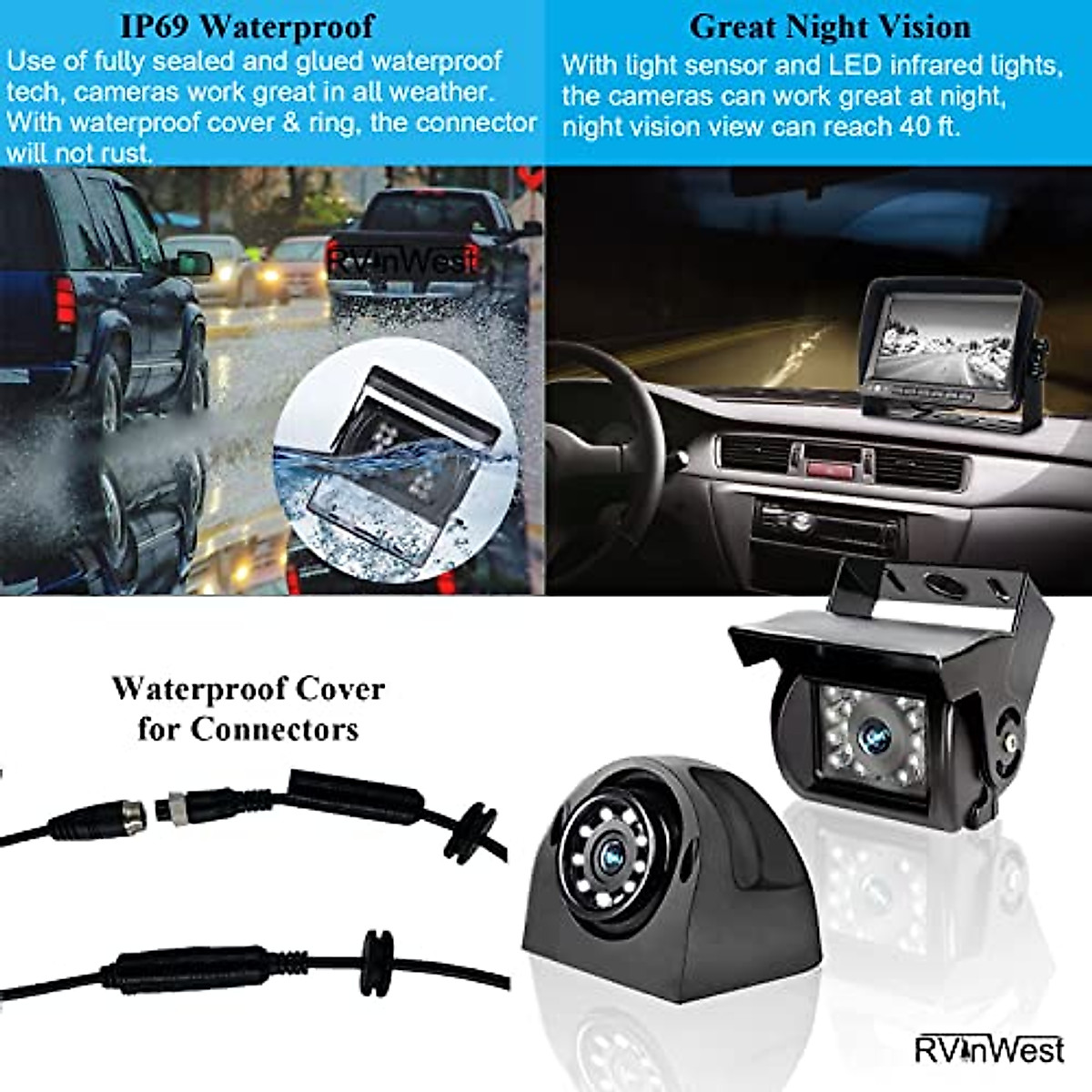 Backup Camera System with 9'' 1080P Monitor for RV Semi Box Truck Trailer Camper, 4 Split Screen Quad View HD DVR Record Monitor + IP69 Waterproof Night Vision Rear Side View Camera Avoid Blind Spot