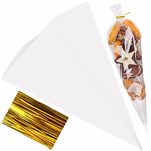 100 Pcs Cone Shaped Bags 7.1" X 14.6" Clear Cone Bags Popcorn Cone Bags for Treat Candy with 100 Twist Ties
