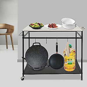 CNCEST Outdoor Grill Cart, Double-Shelf Movable Cooking Table, Outdoor Dining Cart with Storage and on Wheels, Stainless Steel Tray Kitchen BBQ Food Prep Table for Grill,Dining Cart Table-Silvery