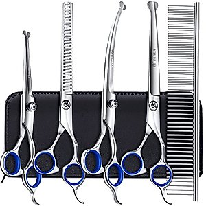 Gimars 6 in 1 Professional 4CR Stainless Steel Grooming Scissors for Dogs with Safety Round Tip, Heavy Duty Titanium Coated Pet Grooming Scissor for Dogs, Cats and Other Animals