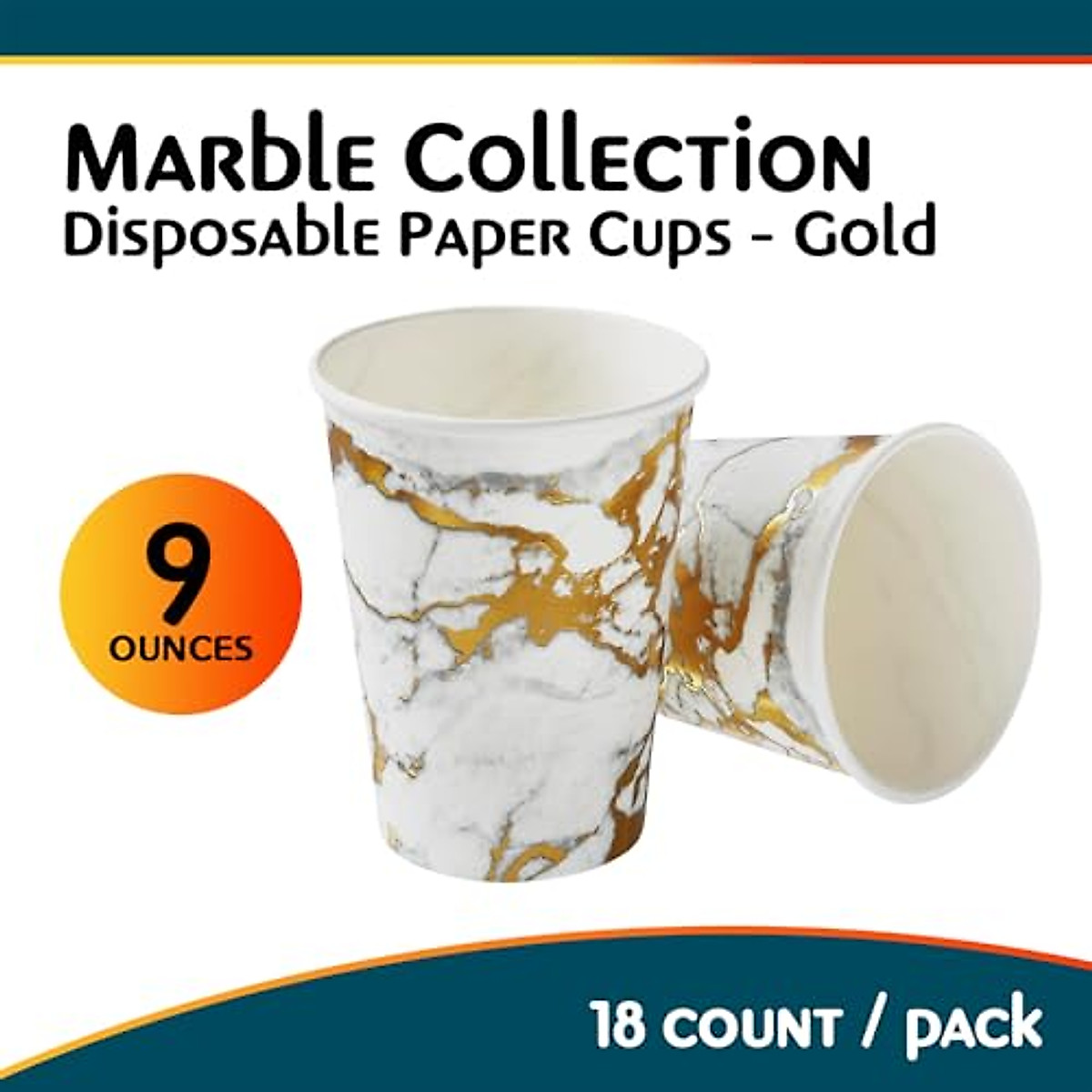 Silver Spoons Gold 9 Oz Marble Collection Disposable Coffee Cups - 18 Count