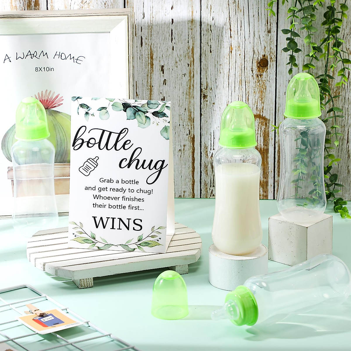 TrelaCo Cool Baby Shower Games 12 Pcs Baby Bottles and Bottle Chug Sign Greenery Baby Gift Sets Gender Reveal Party Favors Shower Favor for Baby Shower Games Gender Reveal
