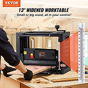 VEVOR Thickness Planer, Two-Blade, 13" Width Worktable Benchtop Planer, 15-Amp 1800W Powerful Motor, 12" Extended Infeeding Table, Low Noise for both hard & soft wood material removal