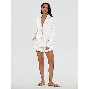 DEEP SELF Silk Pajama Sets for Women, Tie Front Long Sleeve Shirts and Shorts Satin Pj Set Soft Two Piece Sleepwear Lounge Sets (White, Large)