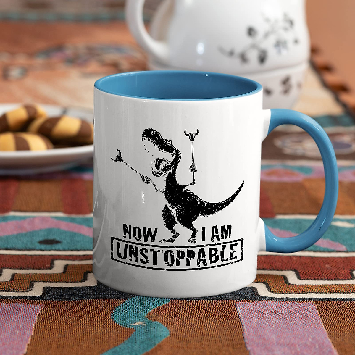 Okaytee T-rex Mug - Now I Am Unstoppable - Funny T-rex Dinosaur Gift Idea For Men and Women 11oz Two-Tone Mug White And Light Blue