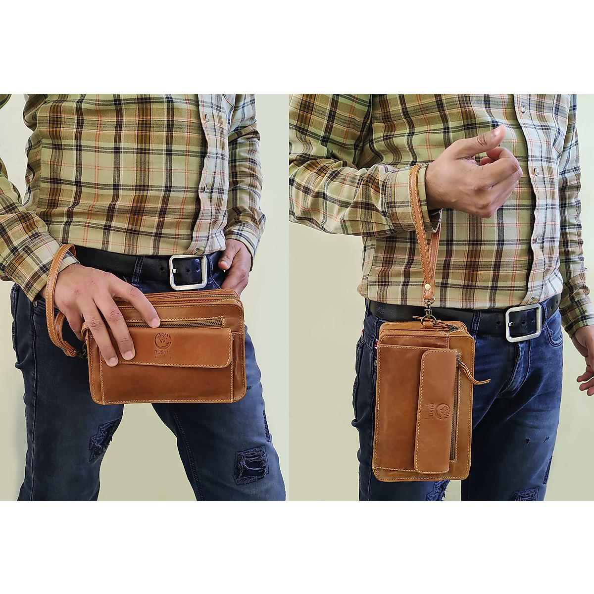Rustic Town Leather Wristlet Wallet Handbag for Men, Cognac