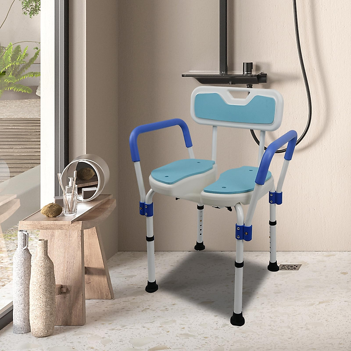 JumboTIGER Wide 17.5-Inch Shower Chair with Arms and Back,Heavy Duty Shower Chair for Inside Shower,Cutout Seat for Private Washing, 300lbs Capacity,Big Man Shower Chair, Tool-Free Assembly,Blue
