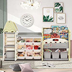 Veemuaro Toy Storage Organizer, Kids Bookcases and Children's Organizer Rack, Box Chest with 17 Bins 4 Tier Bookshelf for Room Classroom (All-in-One, Light Green) (06AAF)