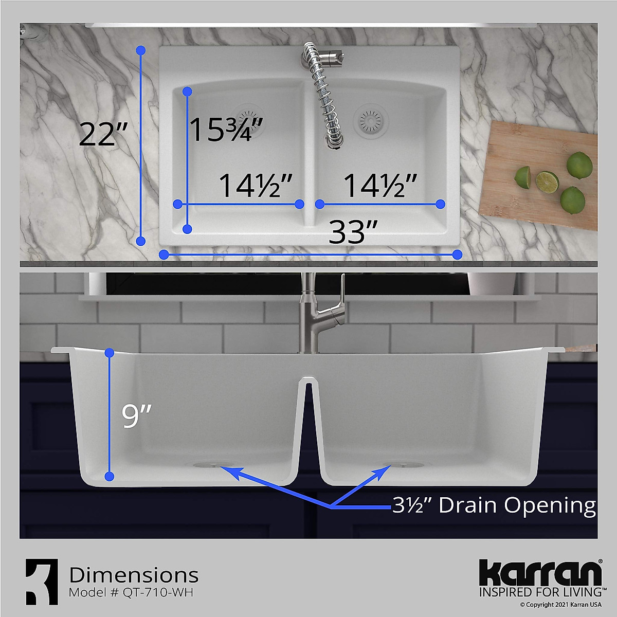 Karran QT-710 Drop-in Quartz Composite 33 in. 1-Hole 50/50 Double Bowl Kitchen Sink Kit in White