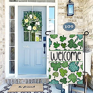 Welcome Spring St Patricks Day Garden Flags 12x18 Double Sided Burlap, Green Shamrock Lucky Sign Farmhouse Small Yard Outdoor Decorations DF197