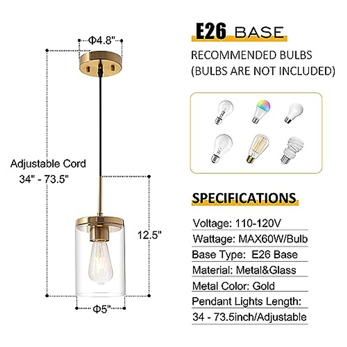 OUVR Gold Pendant Light Fixtures,5 Inch Globe Pendant Lights Kitchen Island with Clear Glass, Hanging Lights for Kitchen Island, Dining Room, Bedroom, Hallway, Farmhouse - 1 Pack