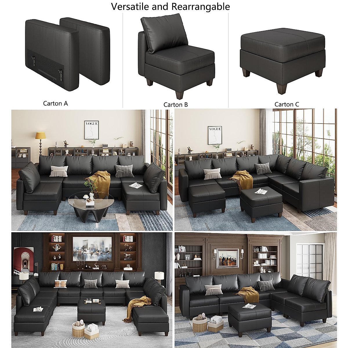 EASE MOOSE Modular Sectional Couch with Storage Seats, 4 Seat Faux Leather Convertible Modular Sofa Sectional Sofa Couch with Reversible Chaises for Small Spaces