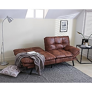 IULULU Futon Sofa Bed Faux Leather Couch with Memory Foam, Modern Convertible Sleeper Daybed with Adjustable Armrests for Studio, Apartment, Office, Dorm, Easy Assembly, Chestnut