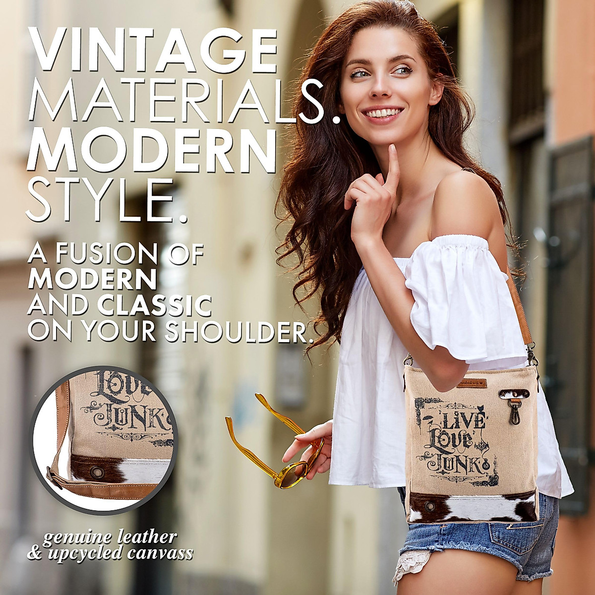 SIXTEASE Womens Shoulder Bag Vintage Style Shoulder Bags for Women - Made with Genuine Leather, Upcycled Canvas, or Hair On - Handmade, Adjustable Strap, Brass and Zinc Hardware - Live Love Junk