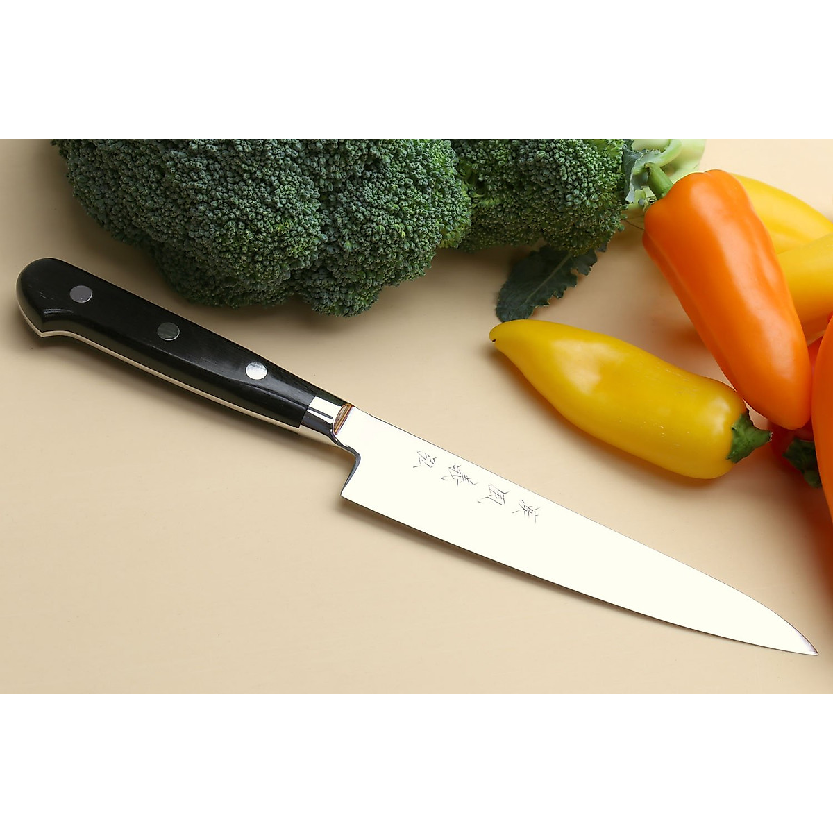 Yoshihiro High Speed Steel Petty Utility Chefs Knife (Black Pakkawood Handle) (5.3'' (135mm) & No Saya)
