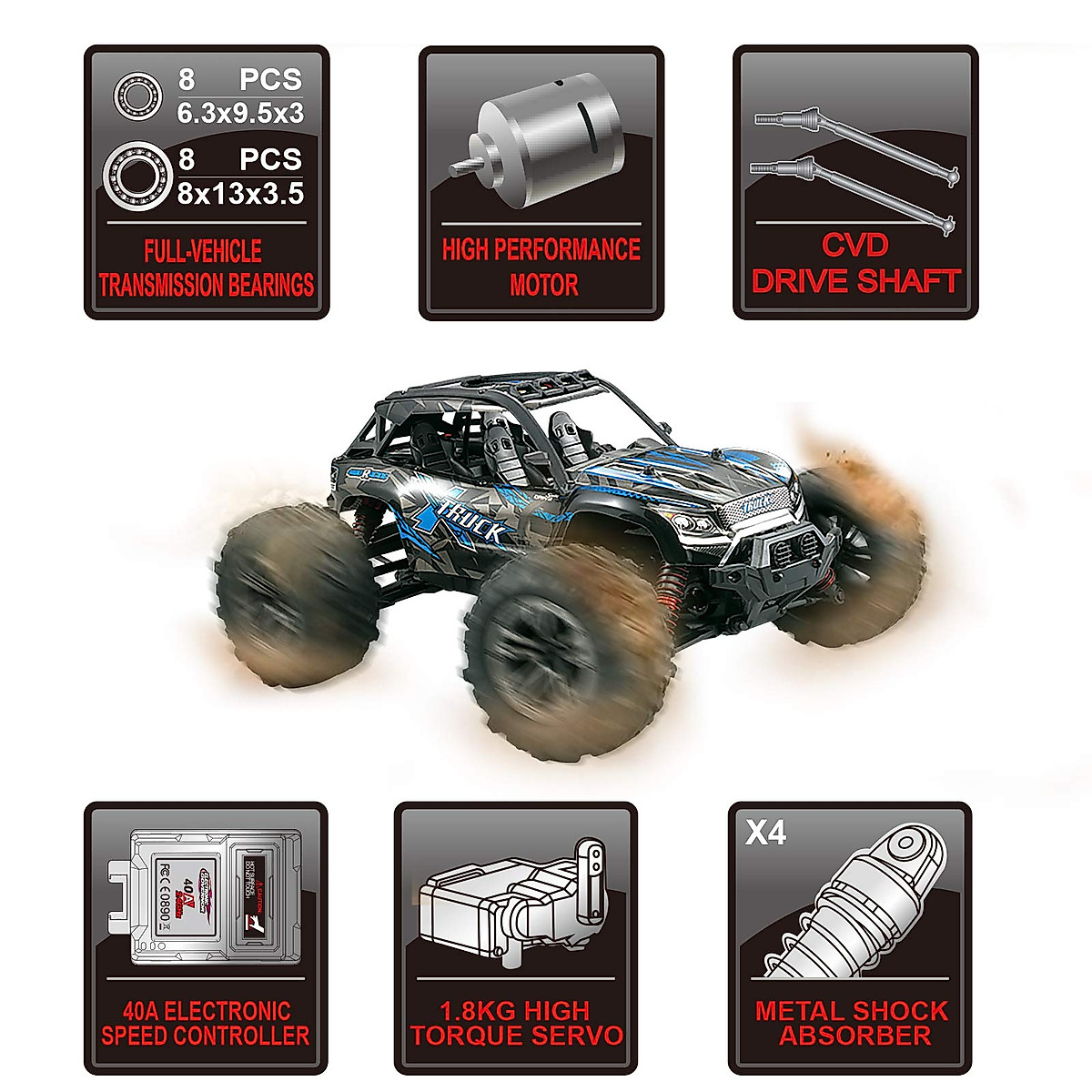 Fistone RC Truck 1/16 High Speed Racing Car, 24MPH 4WD Off-Road Waterproof Vehicle 2.4Ghz Radio Remote Control Monster Truck Dune Buggy Hobby Toys for Kids and Adults