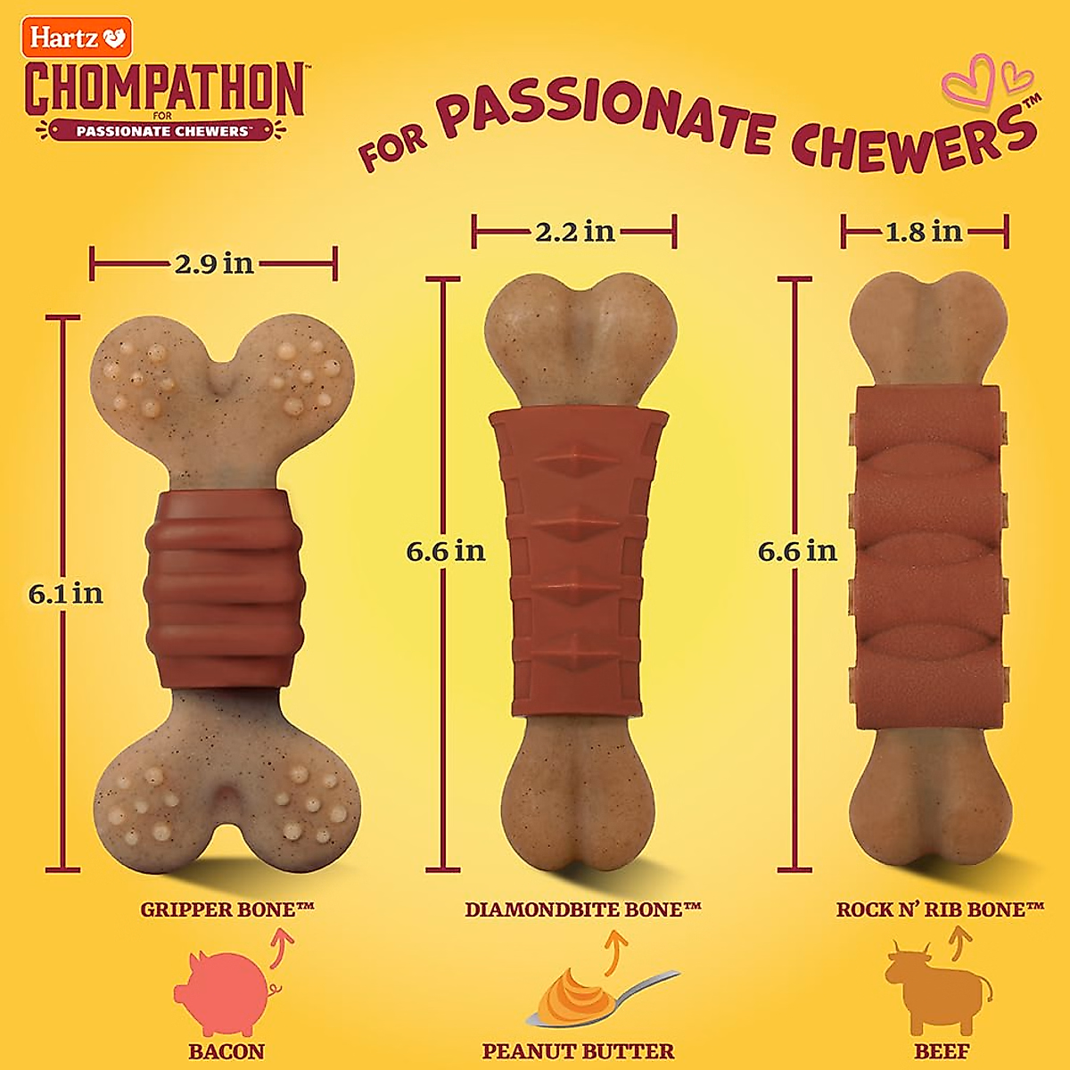 Hartz New Chompathon Gripper Bone Dog Chew Toy for Aggressive Chewers, Double Layered Flavored with Chicken & Bacon
