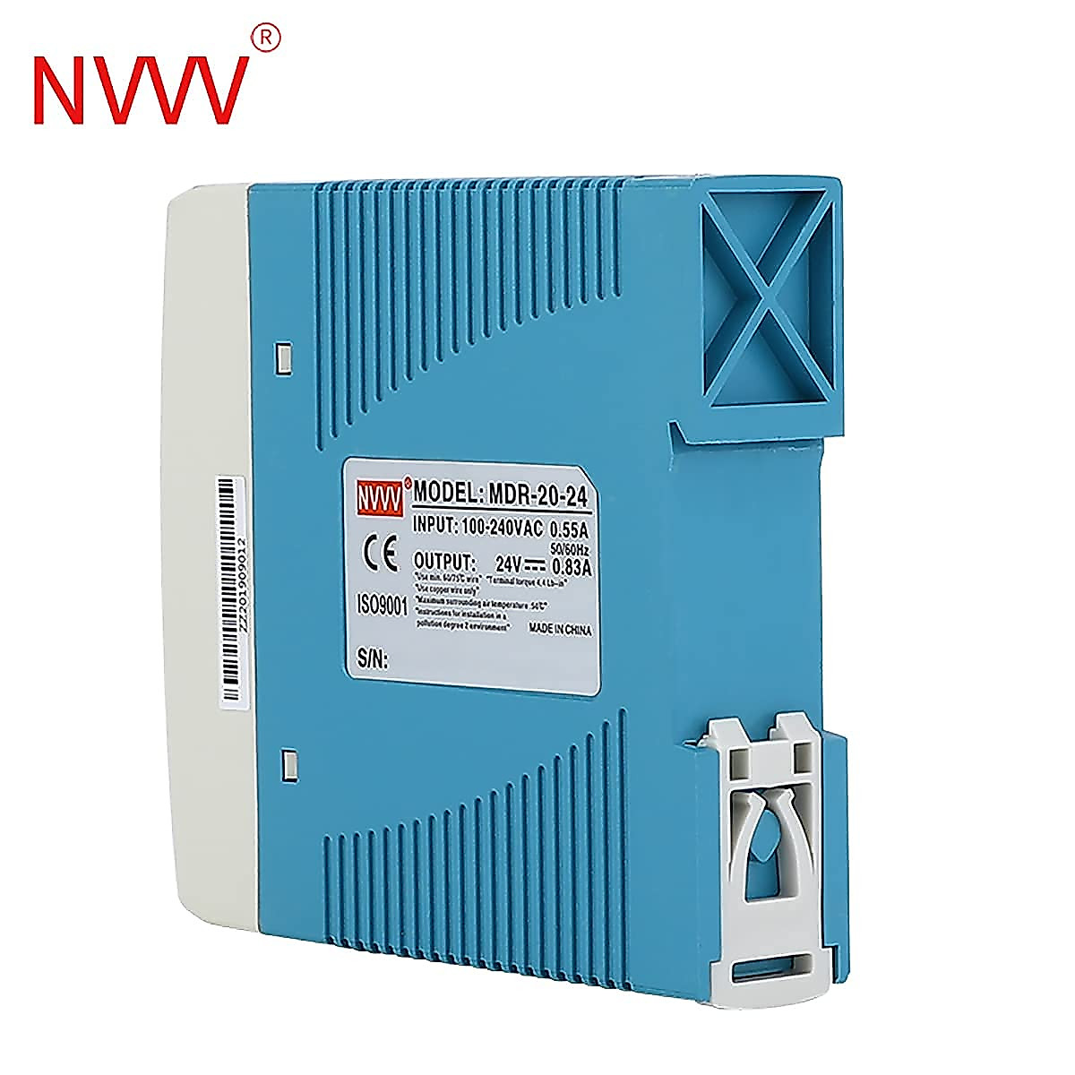 NVVV MDR-20-24 AC to DC DIN-Rail Power Supply, 24V, 1 Amp, 24W, 1.5"