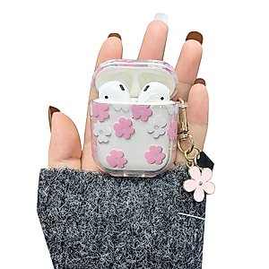 Fycyko for AirPods 2nd 1st Gen Case,Clear Cute Glitter Flower Floral Design for AirPods Case with Keychain,Women Girl Soft Smooth TPU Protective Cover for Airpods 2/1-Pink White