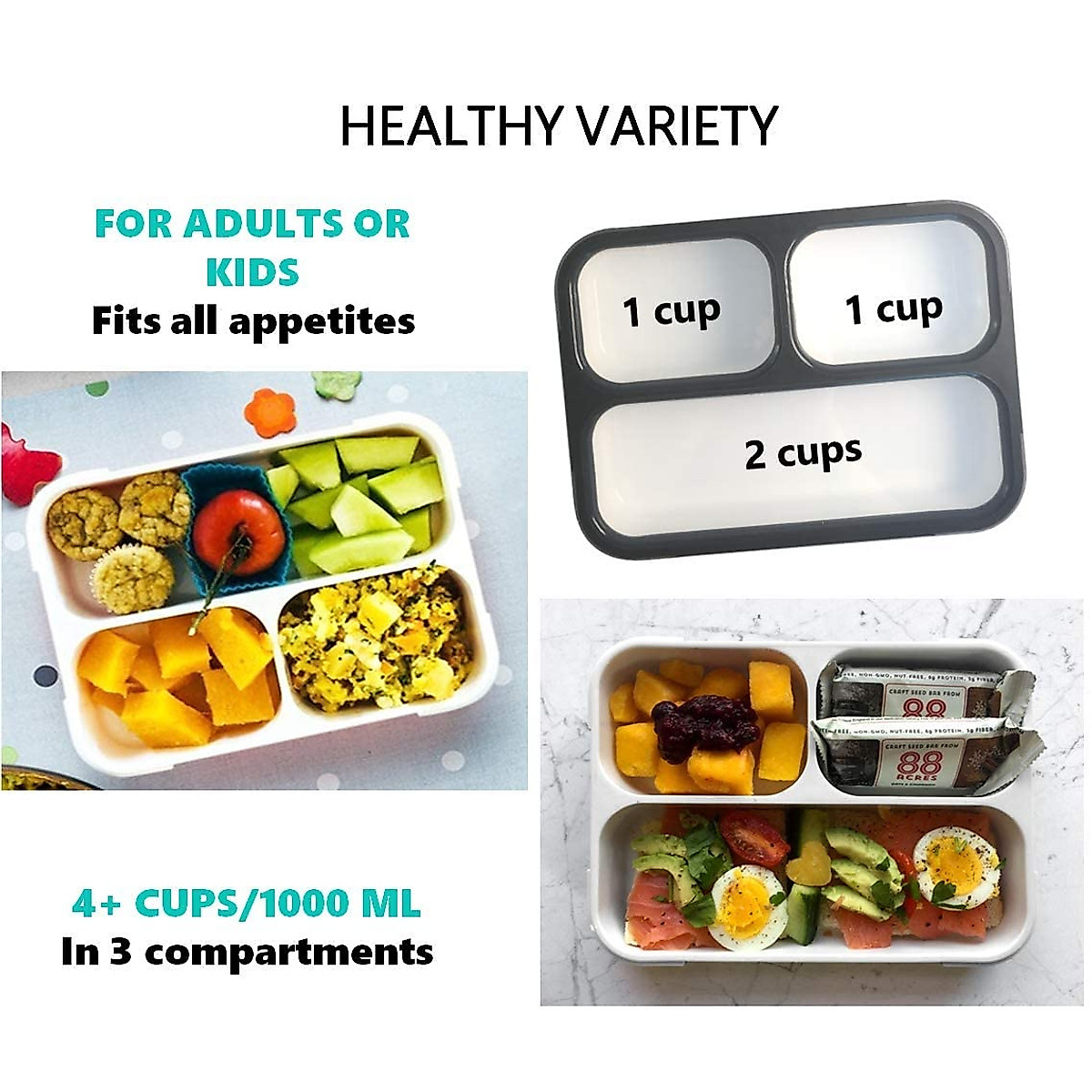 Camo Lunch Box for Boys | Bento Boxes with Bag, Ice Pack Set | Snack Containers for Kids Men Adults. 3 Leakproof Compartments, Container with Insulated Bags for School Lunches, Black Grey Camoflauge