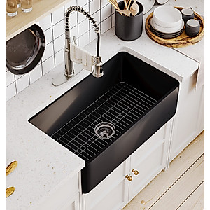 CASAINC 33-inch Kitchen Sink Black, Farmhouse Sink Fireclay Apron -Front Farmhouse Deep Single Bowl, Farmhouse Sink with Stainless Steel Bottom Grid and Kitchen Sink Drain