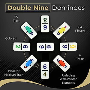 Queensell Large Double Nine Dominoes Set - Mexican Train Dominoes Set - Double 9 Dominos - Best for 2-6 players