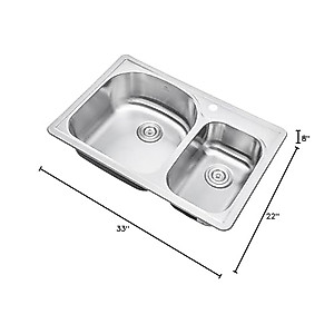 CozyBlock 33 x 22 x 8 Inch 70/30 Offset Top-mount/Drop-in Stainless Steel Double Bowl Kitchen Sink with Strainer - 18 Gauge Stainless Steel-1 Faucet Hole