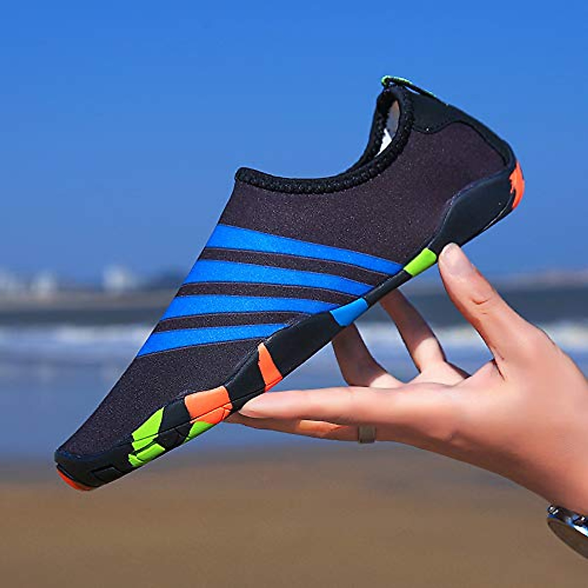 Hutop Water Shoes Womens Mens Kids Quick-Dry Aqua Socks Slip-on Barefoot for Outdoor Beach Swim Surf Yoga Exercise Soles in Amazon (Black/B Stripe, Numeric_7)