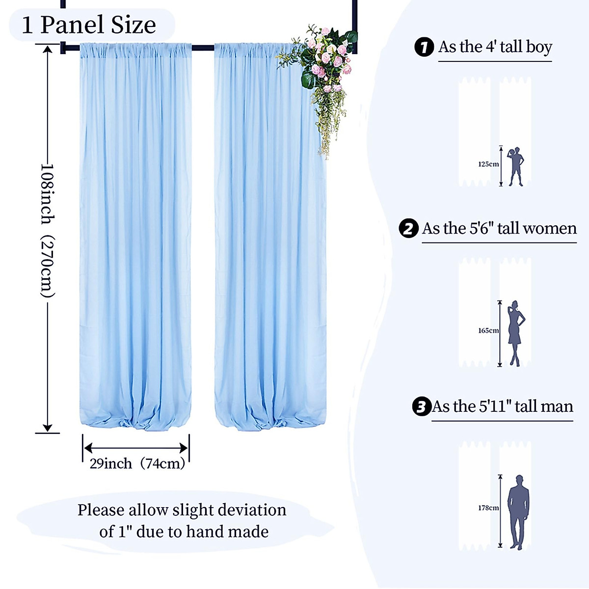 DUOBAO 2 Panels Chiffon Curtains 29"x108" Sheer Backdrop Drape Beach Curtain for Living Room Light Blue Voile Window Drapes for Wedding Ceremony (Sky Blue)