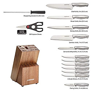 Farberware 15-Piece Stamped Stainless Steel Knife Block Set, High-Carbon Stainless Steel Kitchen Knife Set with Ergonomic Handles, Razor-Sharp Knives with Wood Block, 15-Piece Set, Acacia