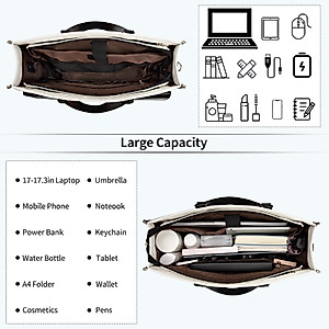 Laptop Bag for Women, Laptop Tote Bag 17 Inch, Waterproof Leather Computer Tote Bag with USB Charging Port, Women Briefcase Business Office Work, Large Capacity Handbag Shoulder Bag White