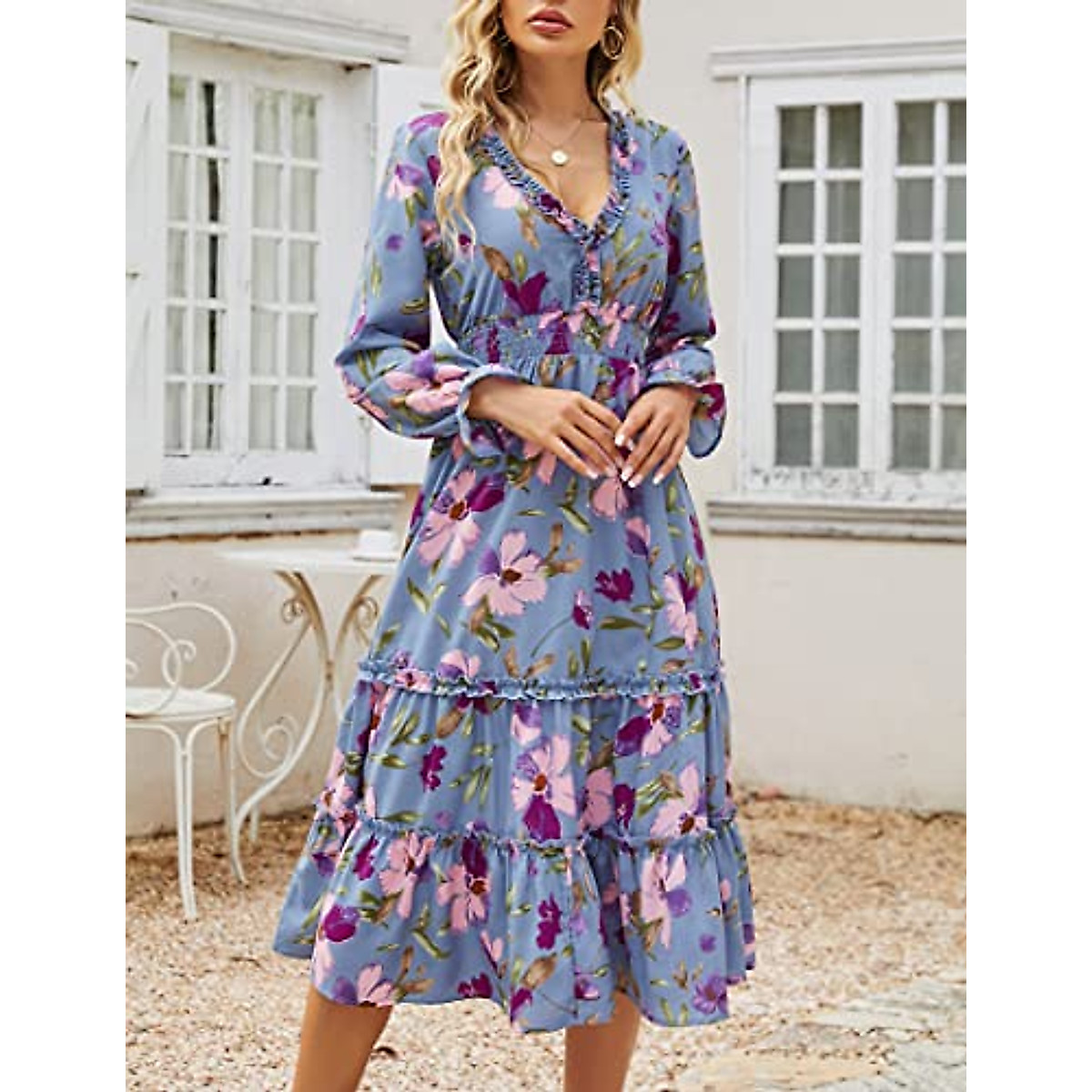 KOJOOIN Womens Long Sleeve Deep V Neck Ruffle Floral Print Maxi Dress High Elastic Waist Flowy Beach Dress Blue M