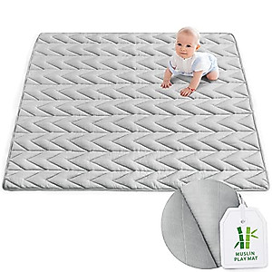 Baby Play Mat 71'' x 59'' (Improved Thickness), Muslin Toddler Playpen Mat, Large Baby Mat for Floor, Non Slip Cushioned Baby Crawling Mat Compatible with ANGELBLISS & BLBBLBGDD’s Playpen, Grey